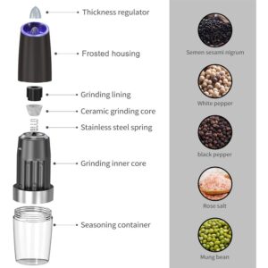 Gravity Electric Pepper and Salt Grinder Set, Adjustable Coarseness, Automatic Shakers Mill Grinder with LED Light, Battery Powered, Upgraded Larger Capacity, One Hand Operated (Black 2 Pack)