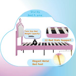 Linique Twin Size Upholstered Bed Frame with LED Lights, Modern Upholstered Princess Bed with Crown Headboard, Pink+White