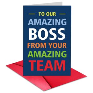 huokiriki boss birthday card for men women, funny bosses day gift, appreciation card for boss leader mentor,to our amazing boss from your amazing team,thick card stock,envelope included.