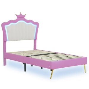 Linique Twin Size Upholstered Bed Frame with LED Lights, Modern Upholstered Princess Bed with Crown Headboard, Pink+White