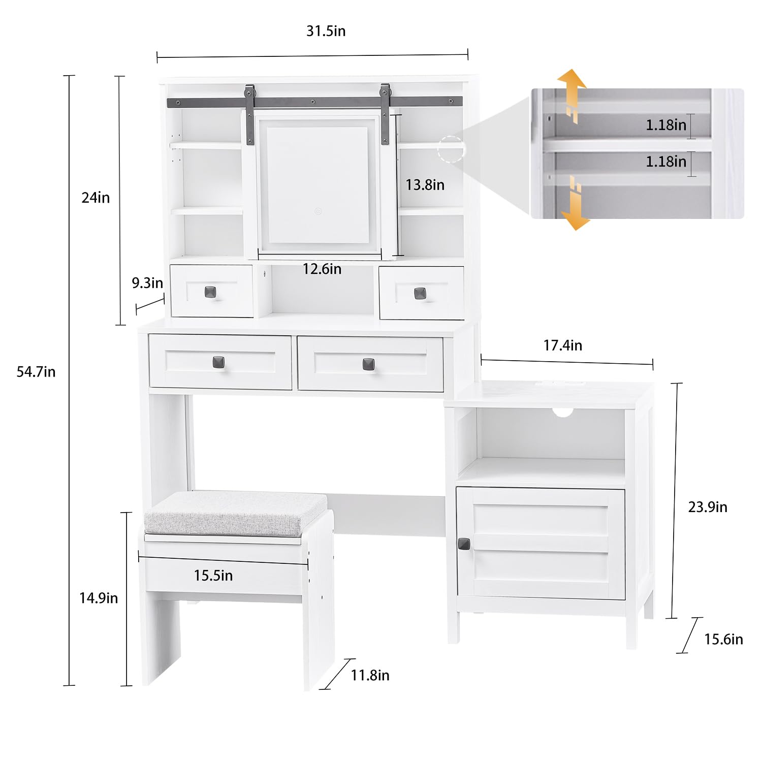 MECHYIN Farmhouse Makeup Vanity Desk with Sliding Mirror and Lights, 49'' White Vanity with Nightstand & Power Outlet, Vanity Table with Drawers, Storage Shelves, Makeup Vanity Table Set with Stool