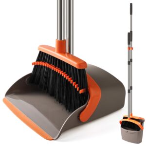 upgrade broom with dustpan combo set for heavy duty with 55" long handle, windproof stand up broom and dustpan set with dustpan teeth to clean hair