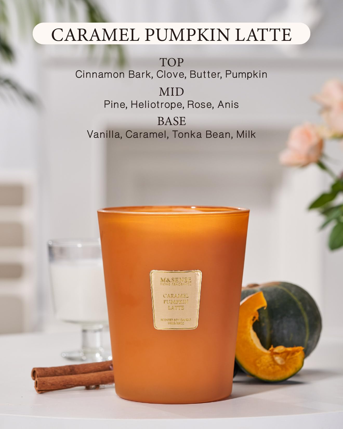 M&SENSE Fall Candles Caramel Pumpkin Latte Scented, 3 Wick Natural Soy Candles for Home Scented, Pumpkin Candle Gift for Halloween, Large 150H Long Lasting Slow Burn Luxury Jar Candle 35oz