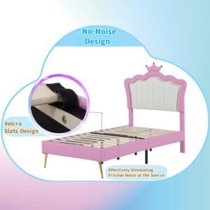 Linique Twin Size Upholstered Bed Frame with LED Lights, Modern Upholstered Princess Bed with Crown Headboard, Pink+White