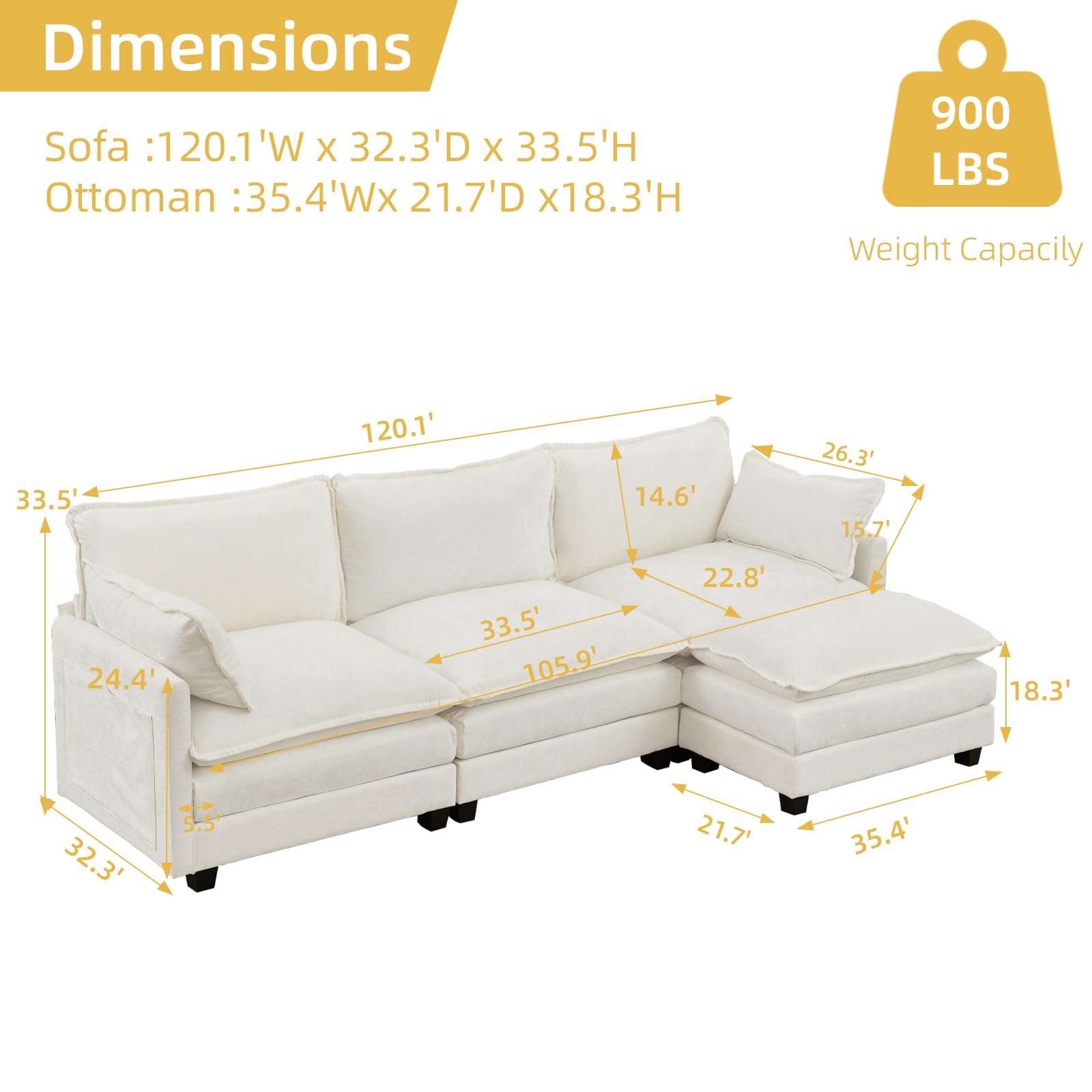 Modern Cloud Couch,Deep Seats L-Shaped Chenille Sofa Sleeper with Ottoman,3-Seat Modular Sectional Couch,Comfy Home Couch for Living Room, Apartments,Studio Lounge Sofas Furniture (White, 113"3 Seat)