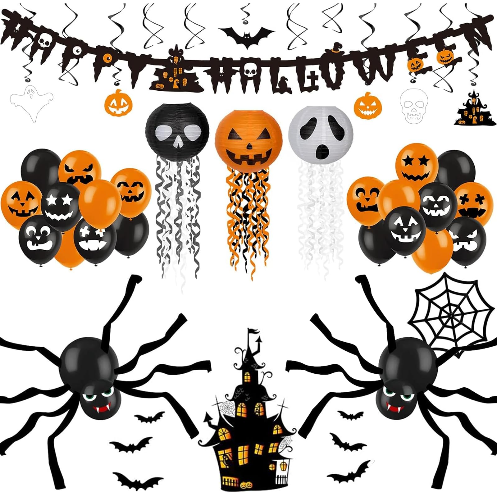 DECORLIFE Halloween Party Decorations - Halloween Decoration Indoor with Happy Halloween Banner, Halloween Swirls, Lanterns, Castle Bats Spiders Web Balloons - Halloween Decor for Home Classroom Car