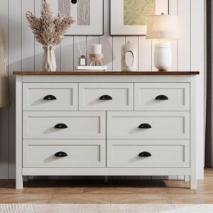 hourom farmhouse white dresser for bedroom, 7 drawer dresser with vintage black handle, wide wood dressers & chests of drawers for hallway, entryway, antique white