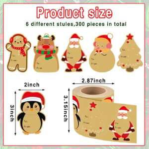 YUUIKLLE 300PCS Christmas Stickers 2x3 Inch Christmas Santa Claus Snowman Stickers 6 Designs of Self Adhesive Labels Kraft Paper Stickers,for Wrapping Birthday Envelopes Wedding Holiday Decor