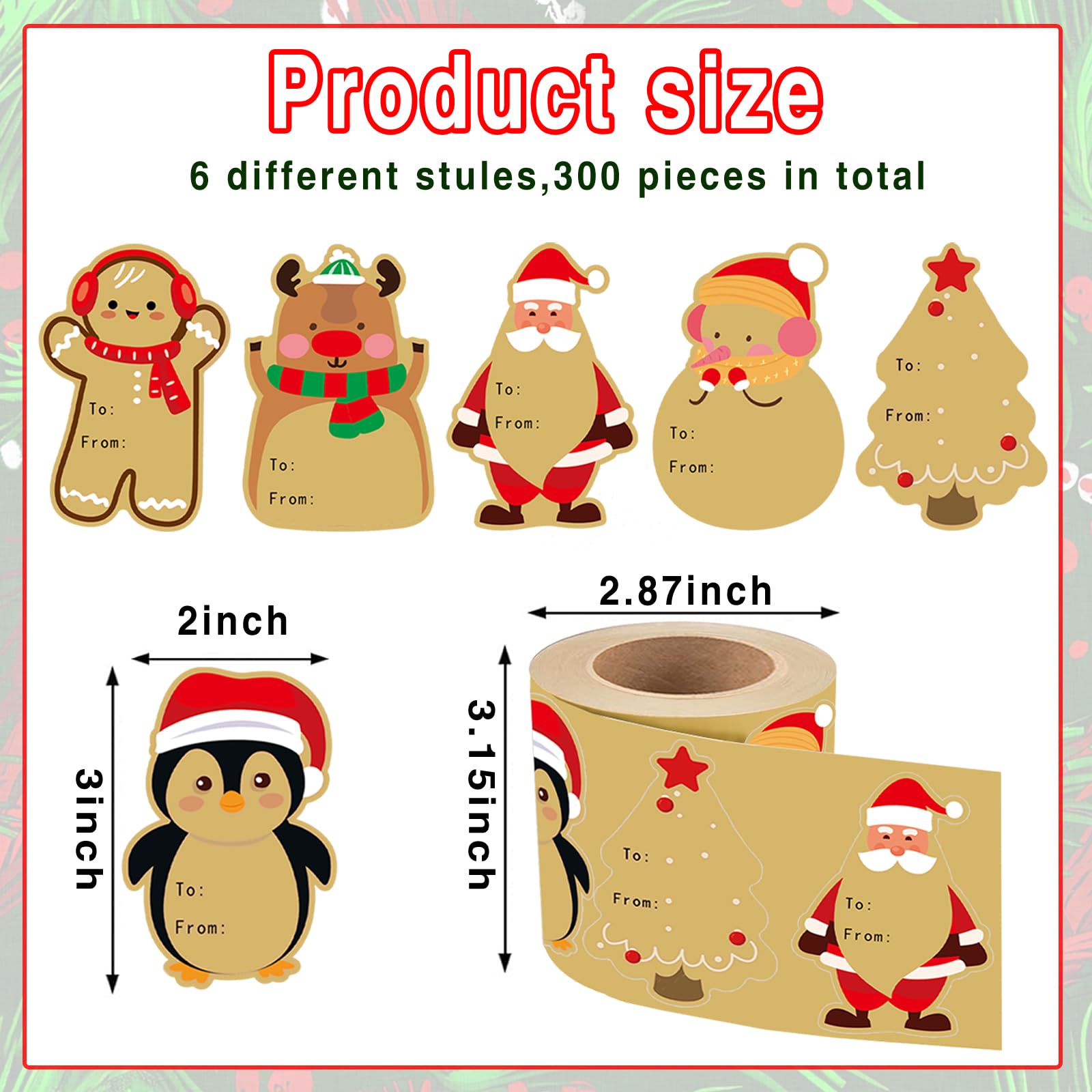 YUUIKLLE 300PCS Christmas Stickers 2x3 Inch Christmas Santa Claus Snowman Stickers 6 Designs of Self Adhesive Labels Kraft Paper Stickers,for Wrapping Birthday Envelopes Wedding Holiday Decor