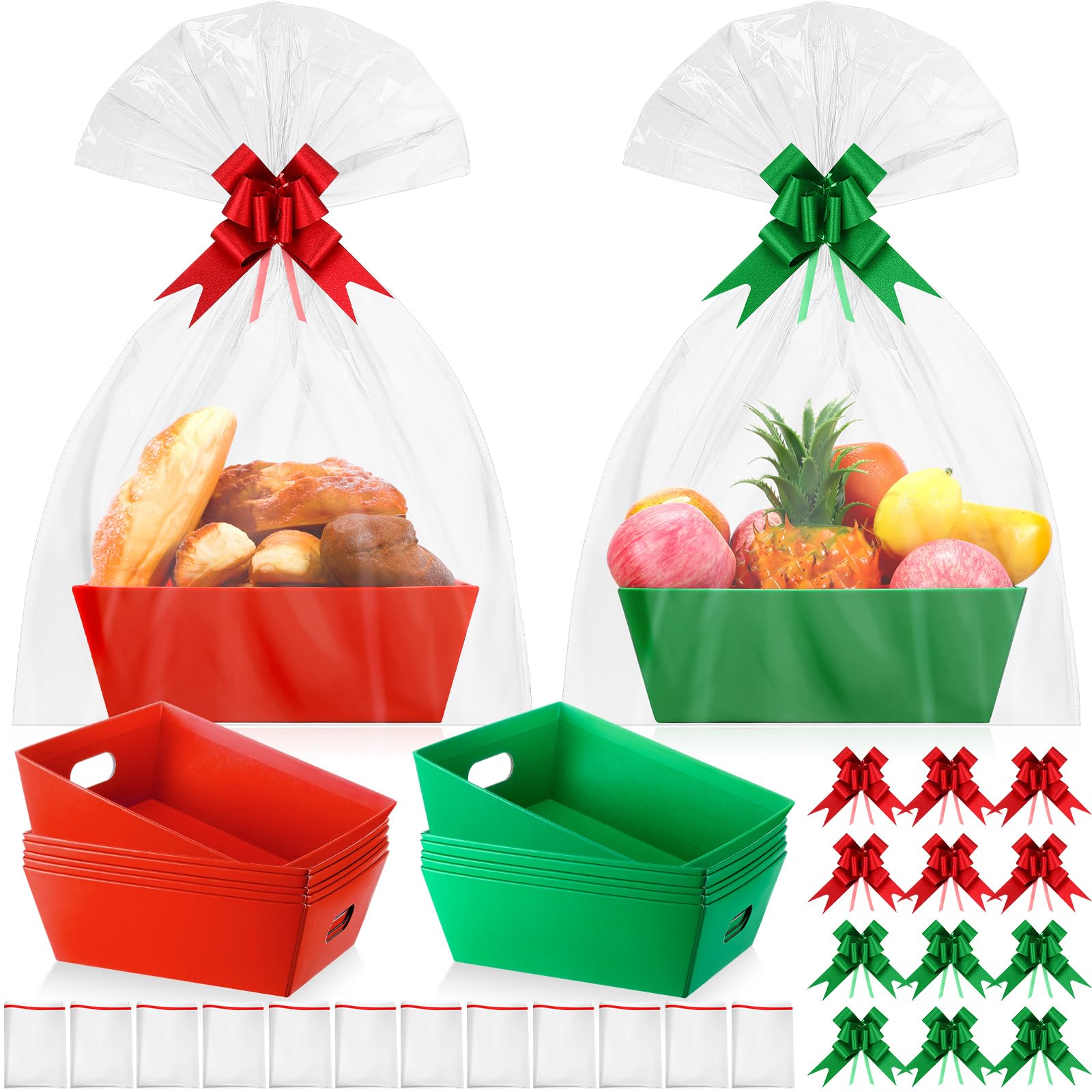 Wonderjune 12 Pack Christmas Basket for Gifts Empty Bulk 9.8 x 8.3'' Red Green Cardboard Basket to Fill with Handle Shrink Wrap Bags,Pull Bows,Raffle Gift Basket for Holiday Christmas Decorations