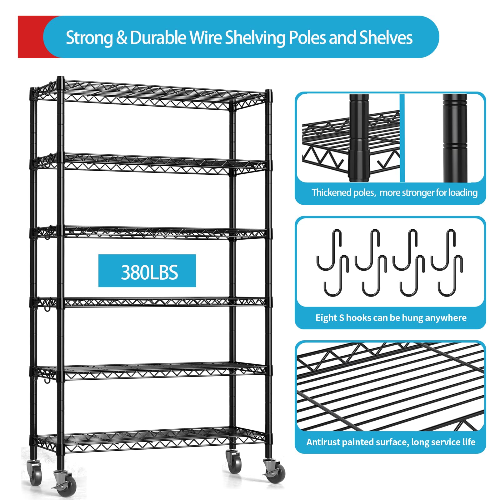 Hodonas 2300LBS Wire Shelving Unit, 36"W x 14"D x 75"H Metal Standing Shelf Units with Wheels / Leveling Feet, 6 Tier, Adjustable, Heavy Duty, and NSF Storage Shelves, Rolling Metal Shelving Wire Rack