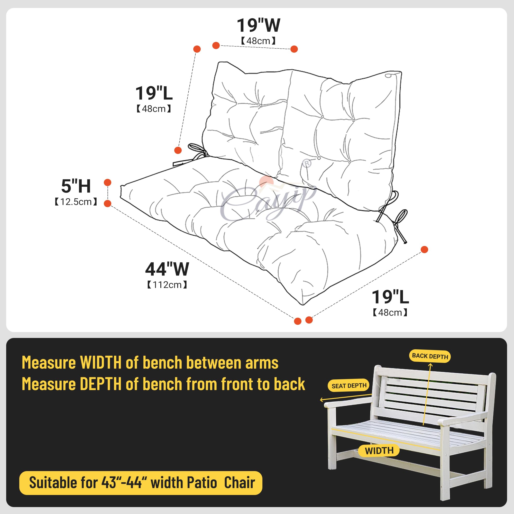 CAYIP 3 Pieces Outdoor Chair Cushions Clearance with Ties,44x19x5 Inches,1 Love seat &2 U-Shape Tufted Patio Bench Cushions for Wicker Outdoor Furniture,All Weather,Khaki