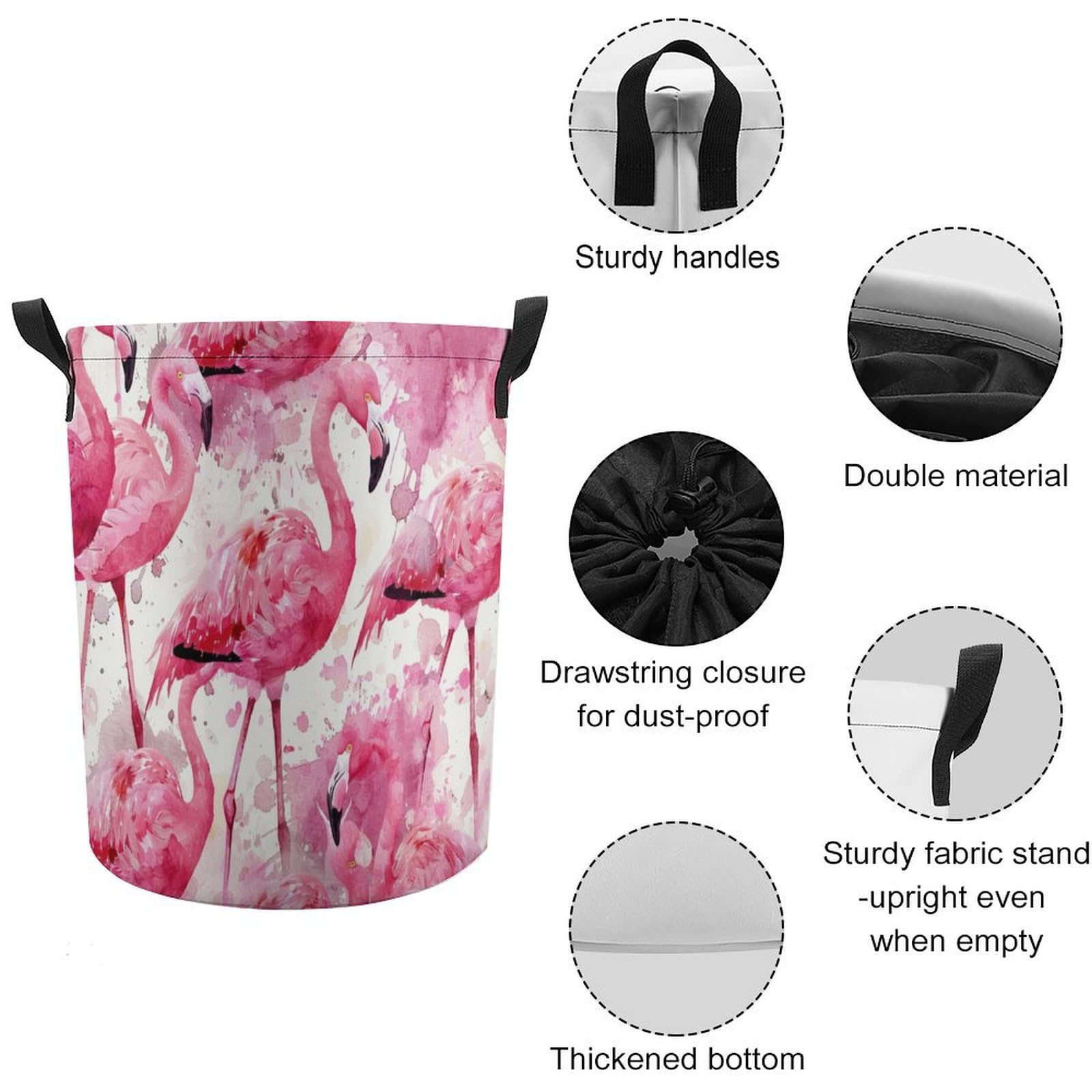 Watercolor Pink Flamingo Laundry Basket with Lid Collapsible Drawstring Clothes Hamper Storage with Handle