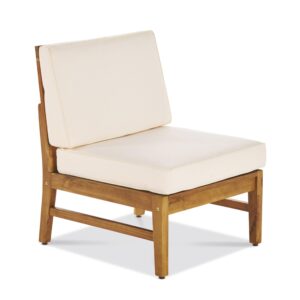 christopher knight home giancarlo outdoor acacia wood armless chair with water resistant cushion, 23.75 "w x 28 "d x 32.75 "h, teak + cream