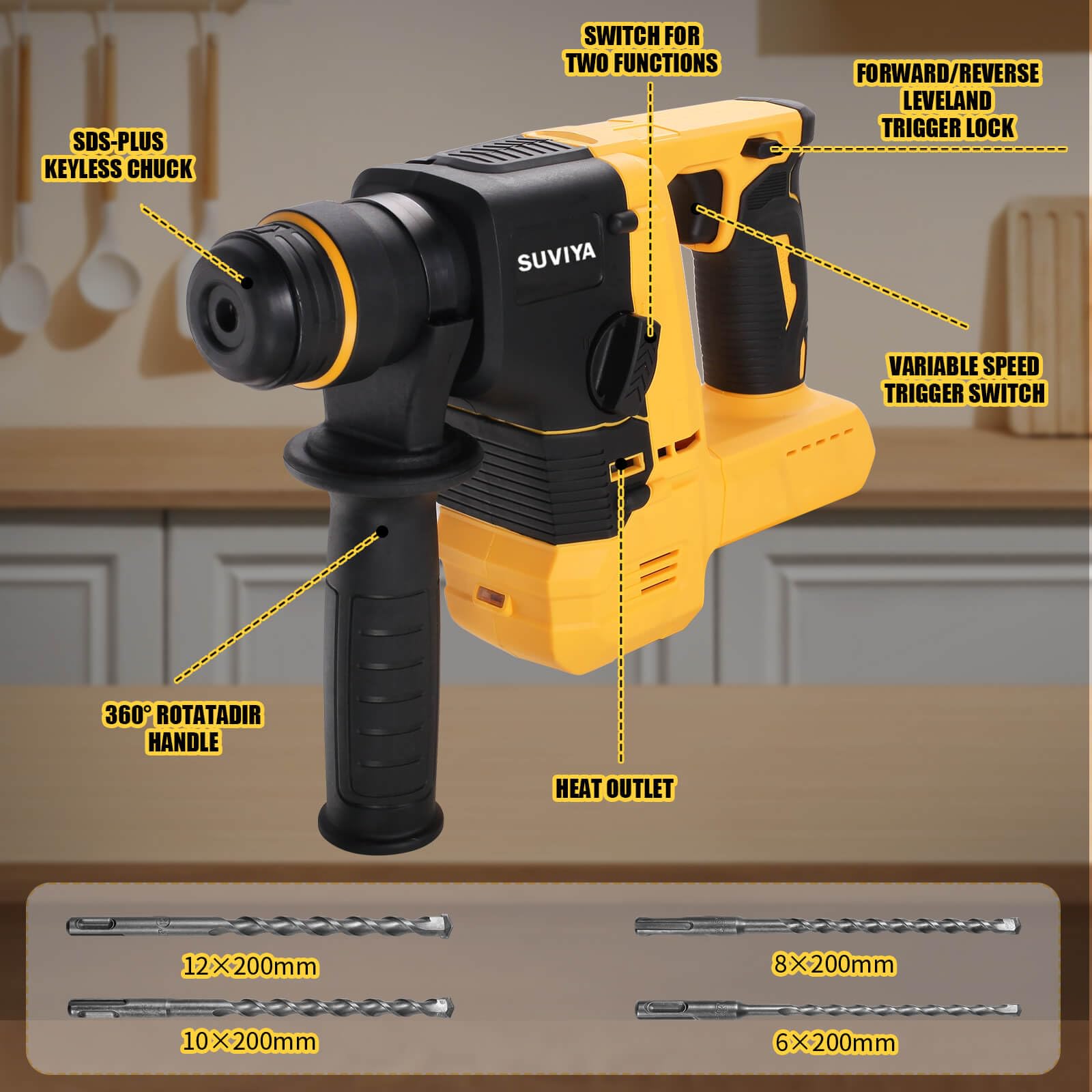 Rotary Hammer Drill Compatible With Dewalt 20V MAX Battery, Brushless SDS Cordless Rotary Hammer for Concrete/Masonry, 2 Modes with 360°Auxiliary Handle and 4 Drill Bits (Battery not included)