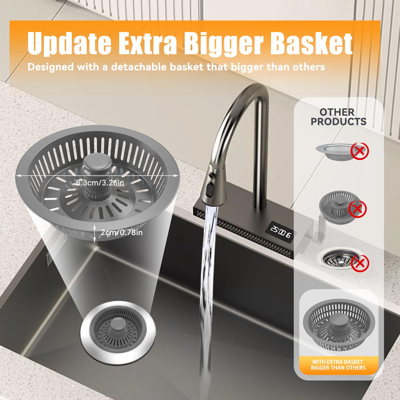 3 in 1 Kitchen Sink Drain Strainer and Stopper, Upgraded Bigger Basket, Pop Up Kitchen Sink Stopper, 304 Stainless Steel, Anti-Clogging Kitchen Sink Drain Stopper for US