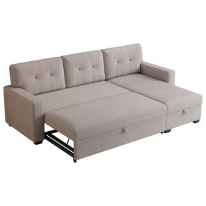 Acosure 82" Sectional Small Sofa with Pull Out Bed,L-Shape Upholstered Sleeper Couch W/Storage Chaise,Tufted Backrest Design,3 Seat Linen Convertible Sofas for Living Room Apartment Office,Beige