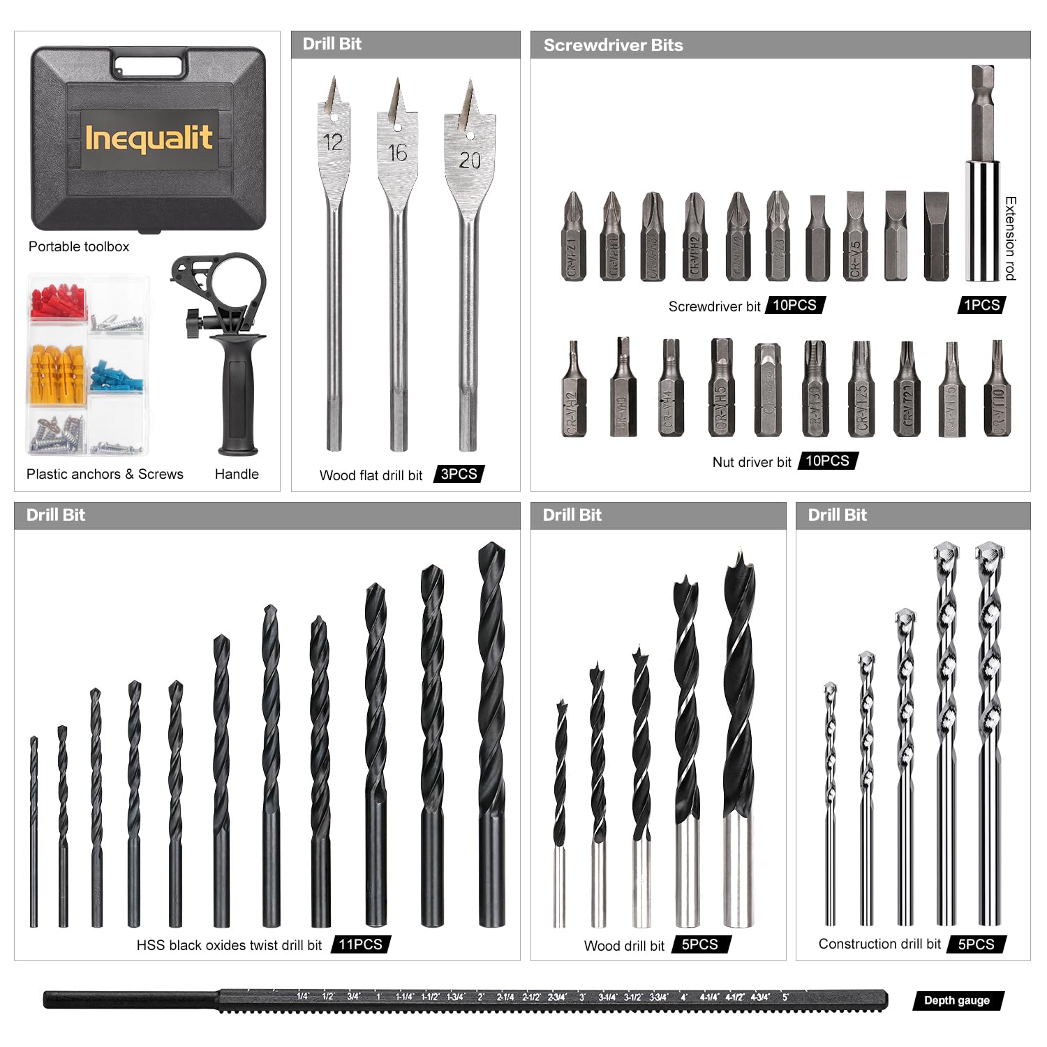 Inequalit 4.5Amp 0-3000 RPM Corded Hammer Drill, 1/2 Inch Chuck Impact Drill with 105-Piece Accessory Set, Adjustable Speed Control, 360° Swivel Handle, Depth Gauge and Portable Carrying Case