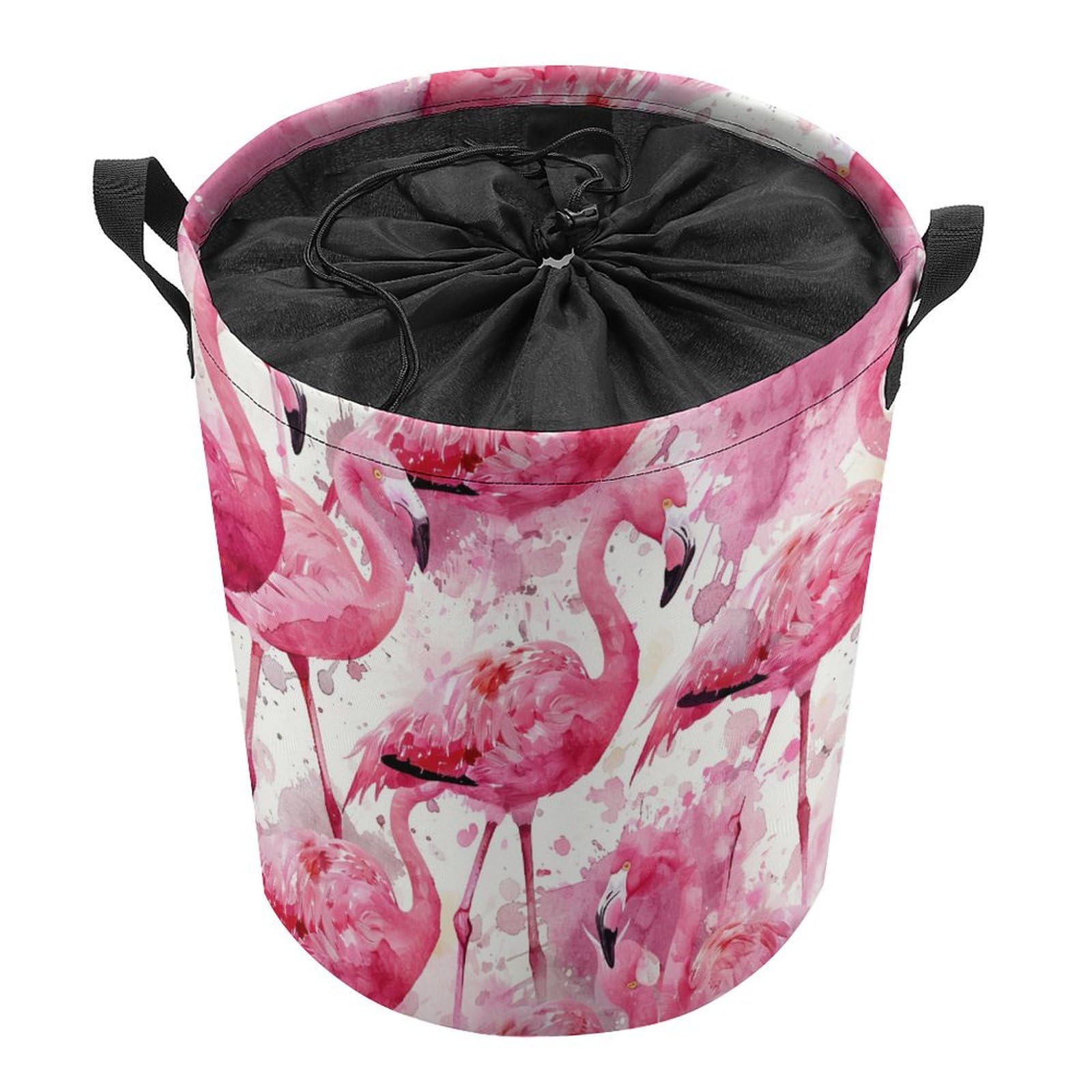 Watercolor Pink Flamingo Laundry Basket with Lid Collapsible Drawstring Clothes Hamper Storage with Handle