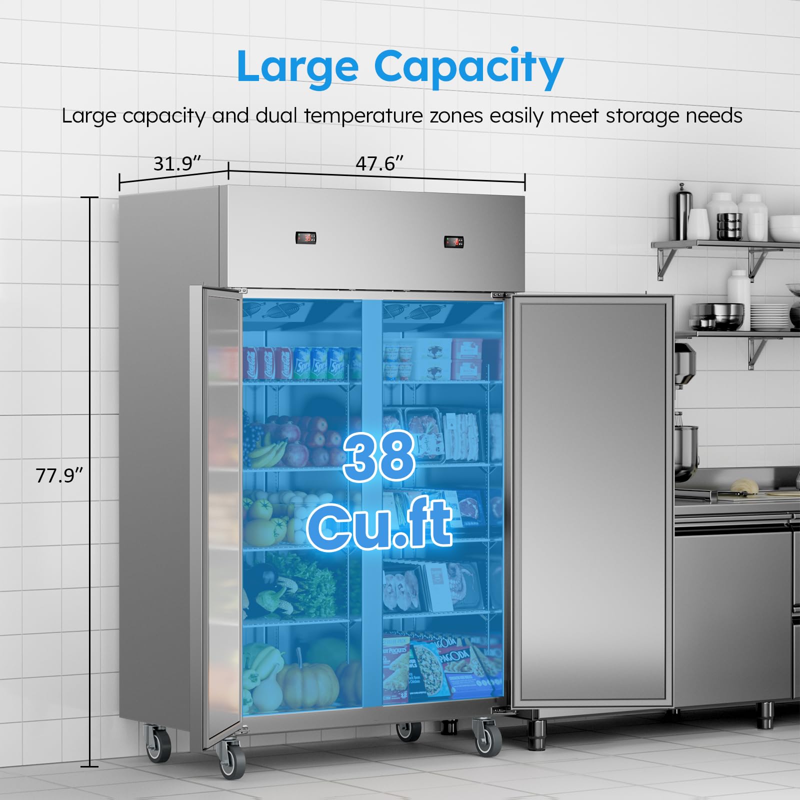 Mojgar Commercial Refrigerator and Freezer Combo,48" W Dual Temperature Zones,All Stainless Steel Design,38 Cu.ft 8 Adjustable Shelves Refrigerator and Freezer Combo for Restuarant,Shop,Garage,etc