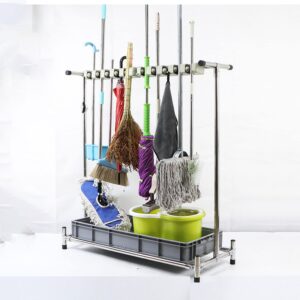 DHWDPO Broom And Mop Holder Put Wet Mops,Movable Commercial Mop Rack, Floor-Mounted Stainless Steel Mop Rack, Umbrella Stand,Garden Tool Storage,with Tray,for Garage,Schools,Factories