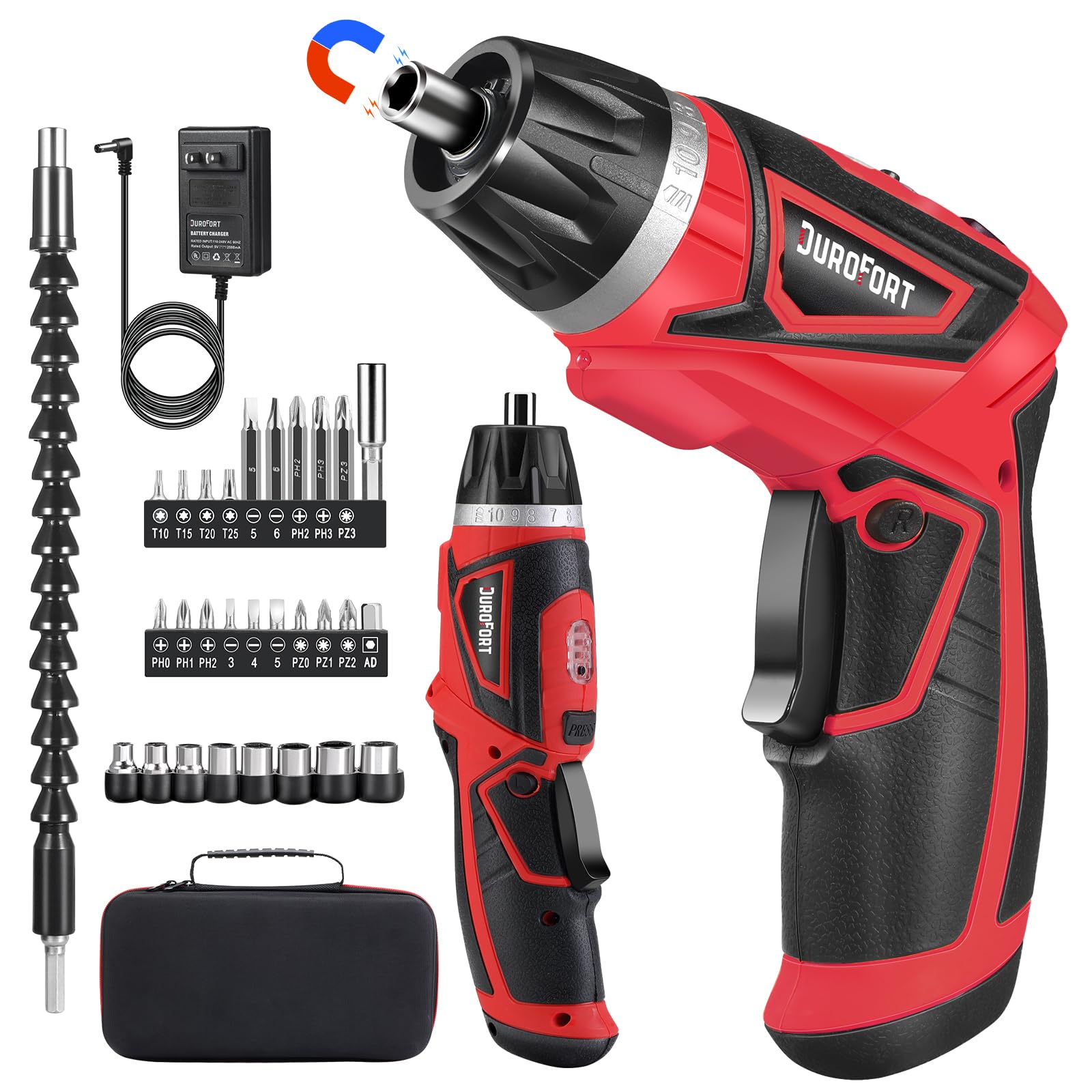 Cordless Electric Screwdriver Set, 8V Max 10Nm Rechargeable Power Electric Drill, Battery Screw Gun with 28pcs Driver Bit Set, 320RPM/10+1 Torque Setting, 2 Position Handle, Flexible Shaft LED Light