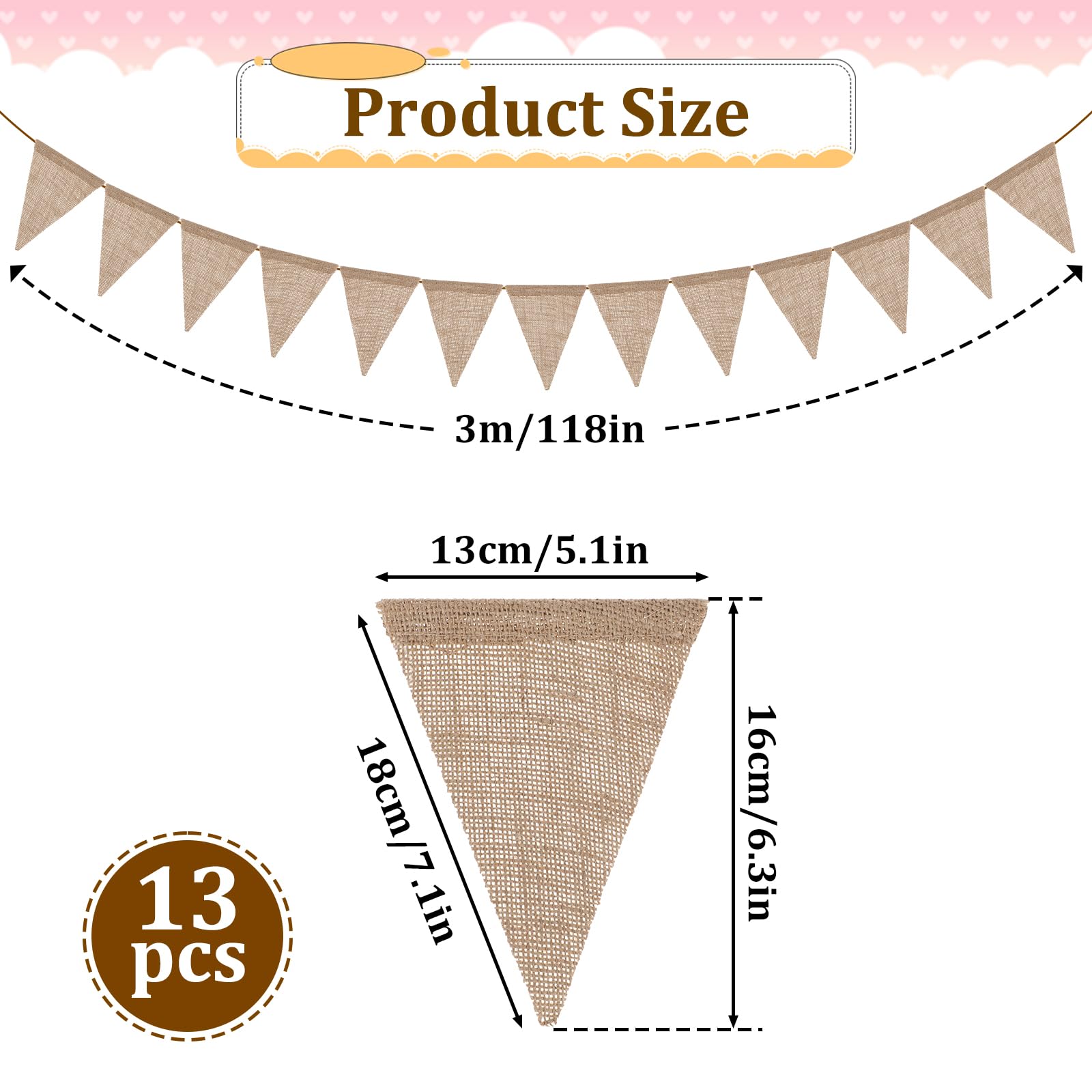 13 PCS Burlap Banners to Decorate Blank 5.31"X6.69" Burlap Pennant Banner, DIY Customizable Burlap Banner Faux Burlap for Birthday, Graduation and Wedding