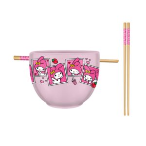 silver buffalo sanrio hello kitty and friends ceramic ramen bowl with chopsticks featuring my melody, 20 ounces