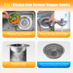 3 in 1 Kitchen Sink Drain Strainer and Stopper, Upgraded Bigger Basket, Pop Up Kitchen Sink Stopper, 304 Stainless Steel, Anti-Clogging Kitchen Sink Drain Stopper for US