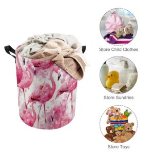 Watercolor Pink Flamingo Laundry Basket with Lid Collapsible Drawstring Clothes Hamper Storage with Handle