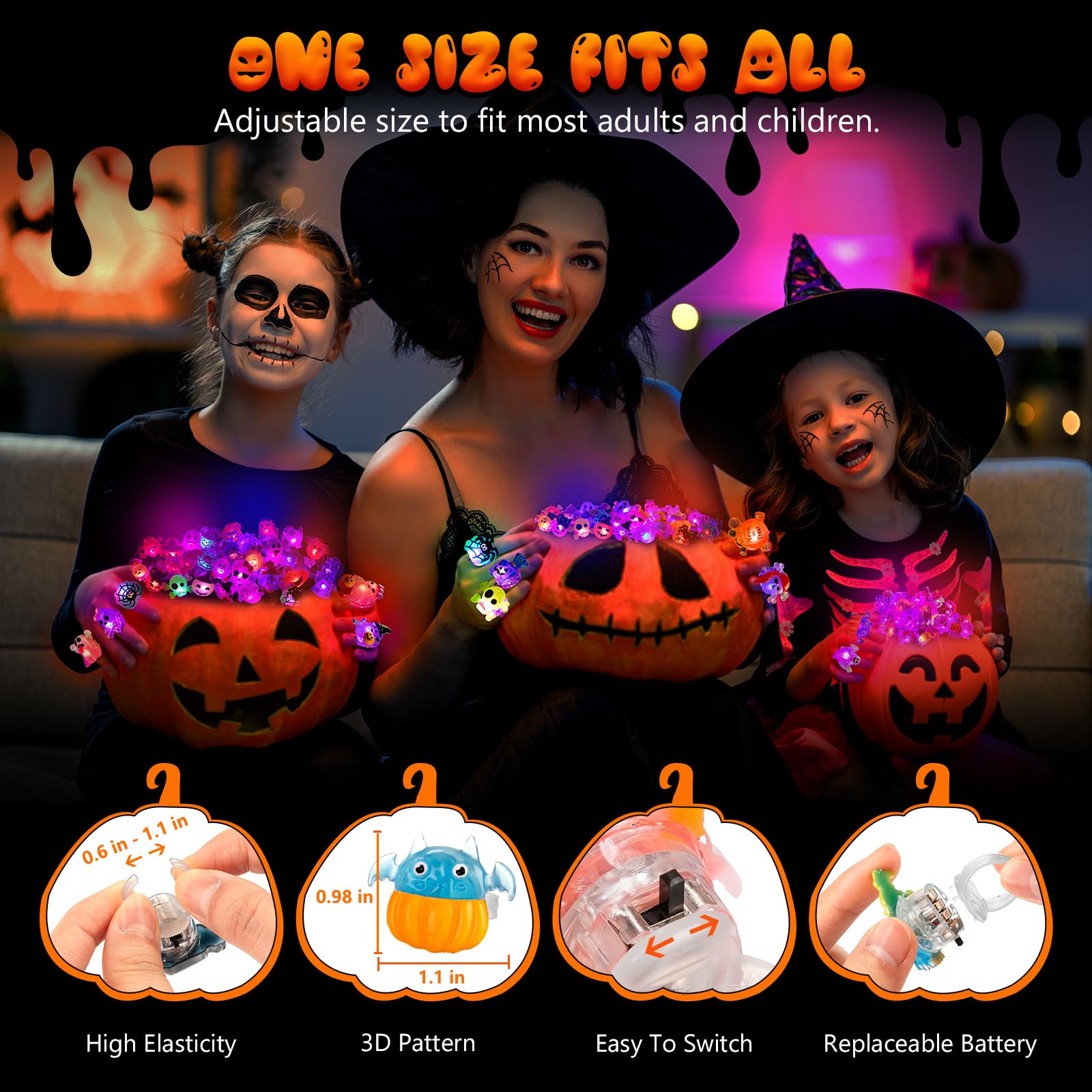 Leezmark 32 Pcs Halloween Party Favor Light Up Rings Halloween Treats Toys for Kids Adults, 3D Flashing LED Rings Glow In The Dark Party Supplies Goodie Bag Fillers Non Candy Treats Halloween Gifts