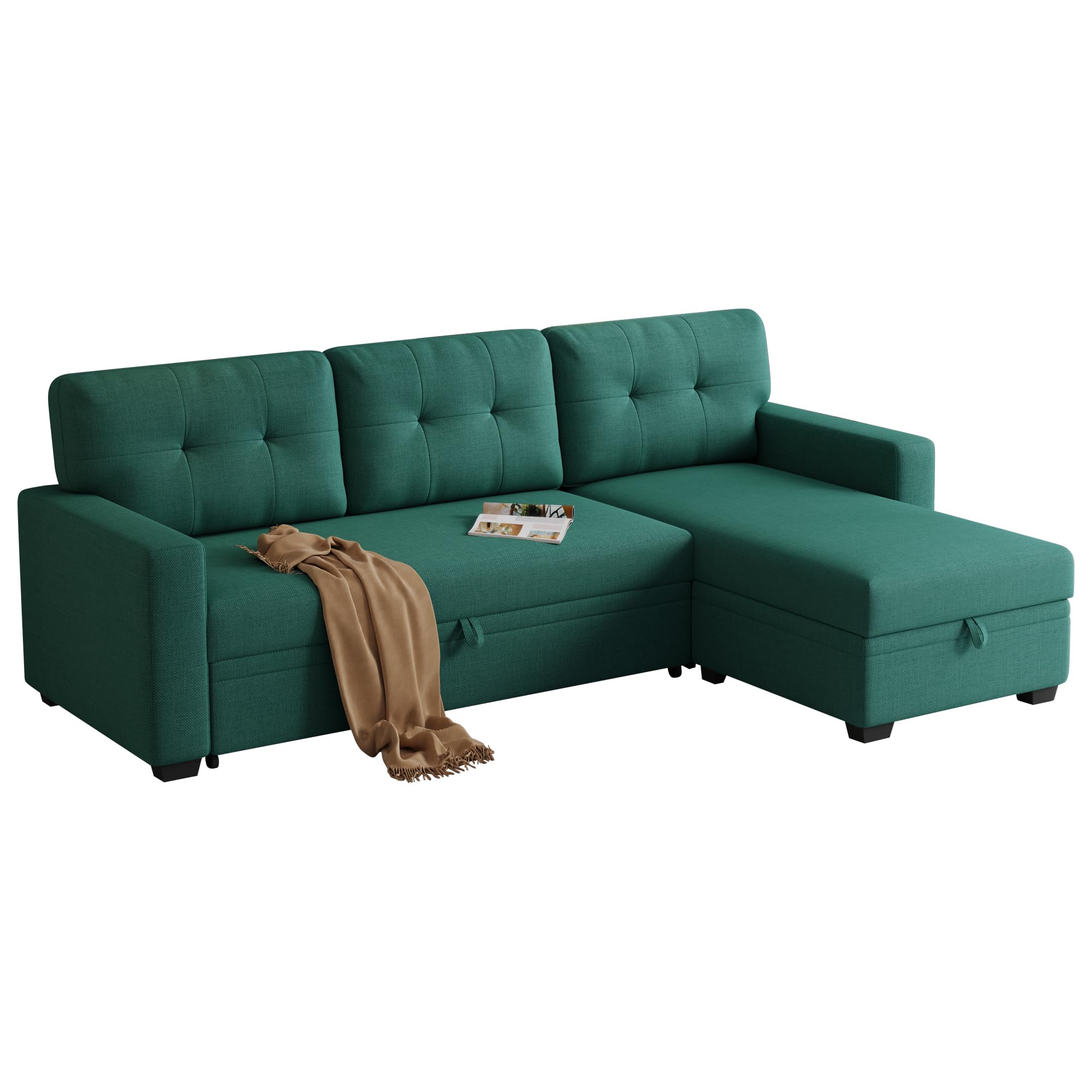 Acosure 82" Sectional Small Sofa with Pull Out Bed,L-Shape Upholstered Sleeper Couch W/Storage Chaise,Tufted Backrest Design,3 Seat Linen Convertible Sofas for Living Room Apartment Office,Green