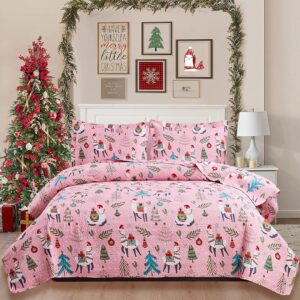 christmas bedspread coverlets twin size girls quilt set xmas pink alpaca bedding kids lightweight bedspread reversible quilts christmas holiday bed cover set，1 quilt and 2 pillow shams