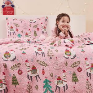 Christmas Bedspread Coverlets Twin Size Girls Quilt Set Xmas Pink Alpaca Bedding Kids Lightweight Bedspread Reversible Quilts Christmas Holiday Bed Cover Set，1 Quilt and 2 Pillow Shams