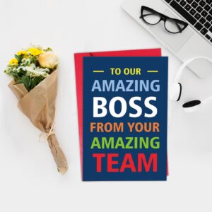 Huokiriki Boss Birthday Card for Men Women, Funny Bosses Day Gift, Appreciation Card for Boss Leader Mentor,To Our Amazing Boss from Your Amazing Team,Thick card stock,Envelope Included.