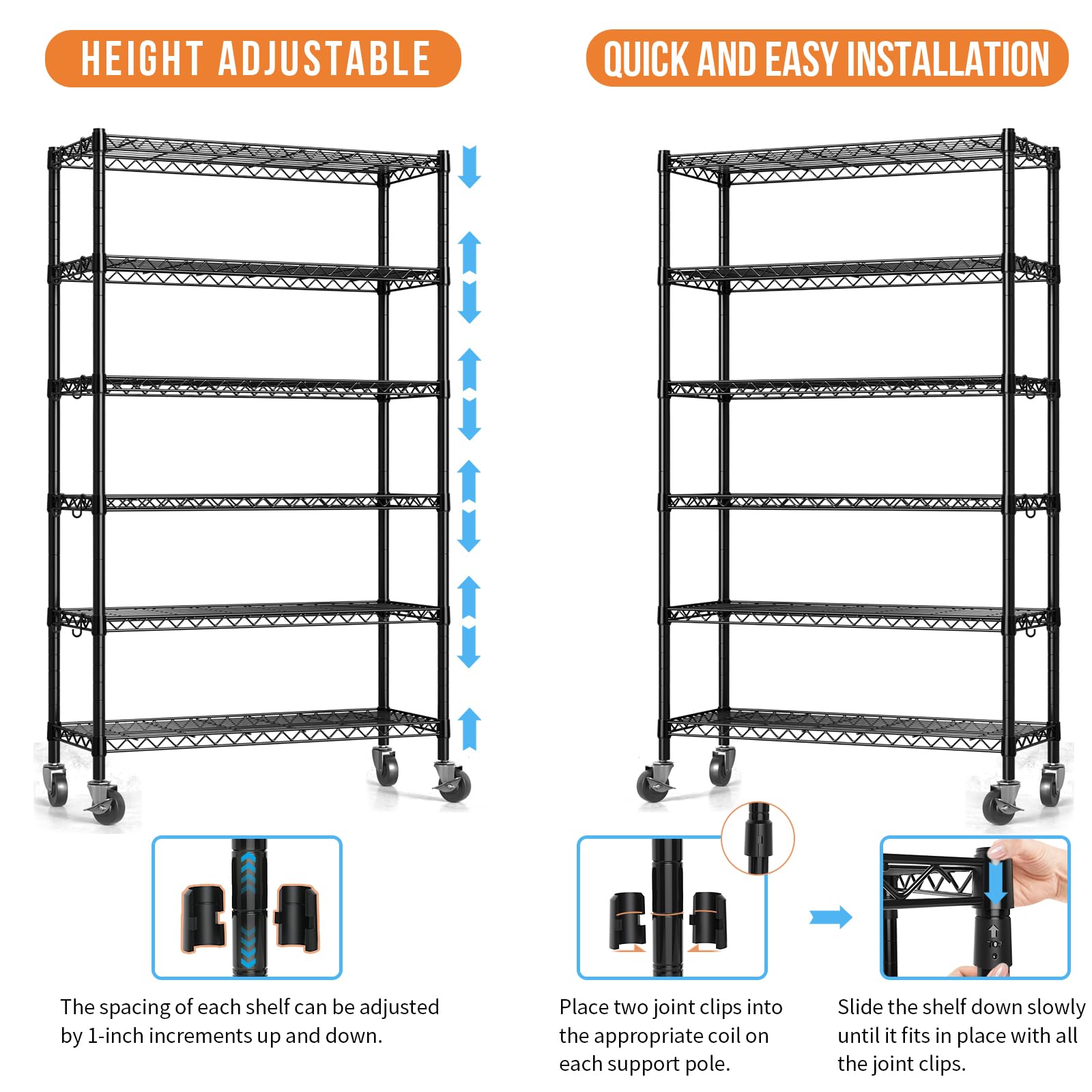 Hodonas 2300LBS Wire Shelving Unit, 36"W x 14"D x 75"H Metal Standing Shelf Units with Wheels / Leveling Feet, 6 Tier, Adjustable, Heavy Duty, and NSF Storage Shelves, Rolling Metal Shelving Wire Rack