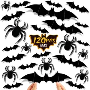 120pcs halloween 3d bats & spider decoration,8 sizes halloween bats wall decor halloween bats spider stickers wall decals 3d scary bats decoration for indoor home wall halloween party supplies