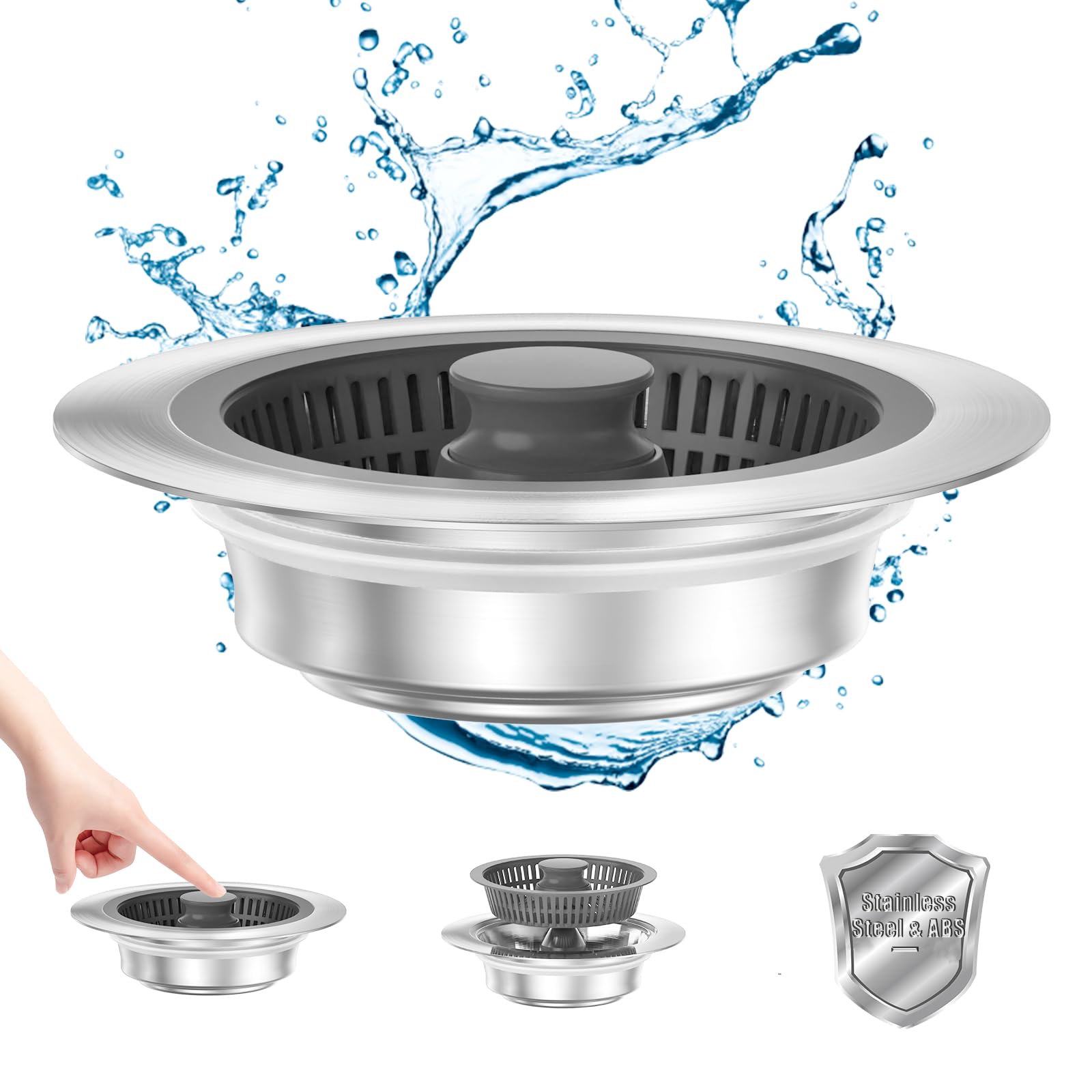 3 in 1 Kitchen Sink Drain Strainer and Stopper, Upgraded Bigger Basket, Pop Up Kitchen Sink Stopper, 304 Stainless Steel, Anti-Clogging Kitchen Sink Drain Stopper for US