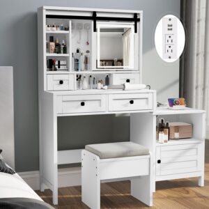 mechyin farmhouse makeup vanity desk with sliding mirror and lights, 49'' white vanity with nightstand & power outlet, vanity table with drawers, storage shelves, makeup vanity table set with stool