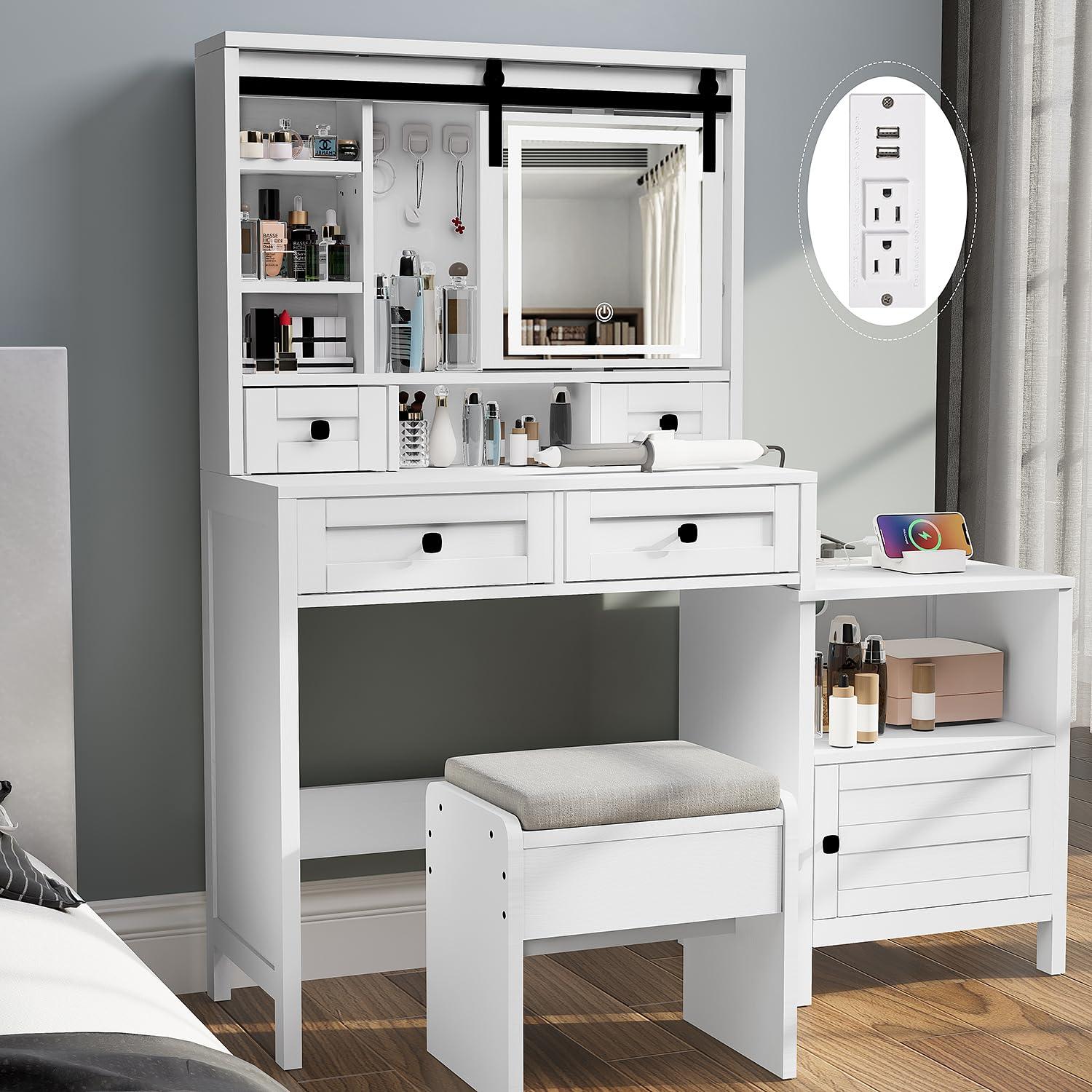 MECHYIN Farmhouse Makeup Vanity Desk with Sliding Mirror and Lights, 49'' White Vanity with Nightstand & Power Outlet, Vanity Table with Drawers, Storage Shelves, Makeup Vanity Table Set with Stool