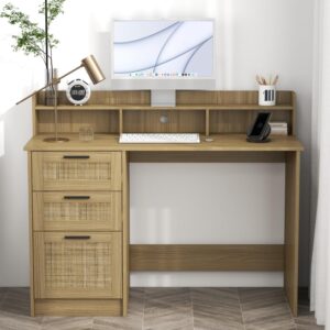 enstver computer desk with drawers and hutch shelf,home office small desk with storage file drawers,boho rattan writing study table for bedroom