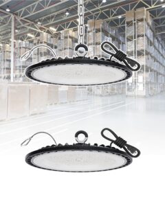 shluce 2 pack, 200w ufo led high bay light, 6500k daylight, high bay led shop lights for workshop, warehouse, garage, 28000 lm, with us 5ft cable plug & play, ip66 waterproof lighting fixture