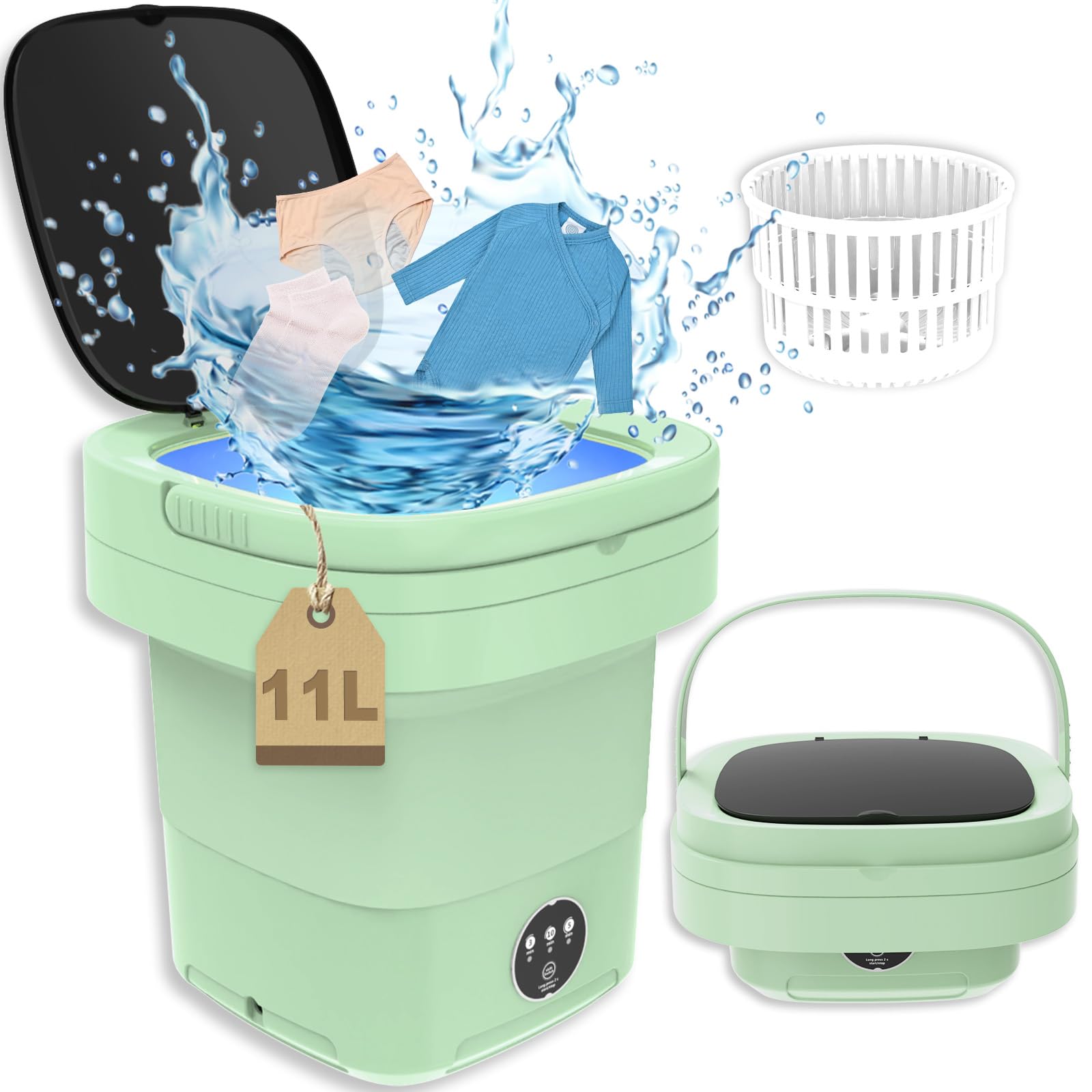 MINI Washing Machine, 11L Portable Foldable Washer with Dryer for Baby Clothes, Small Washing Machine with Laundry Basket for Underwears, Baby Clothes, Socks, Pet Garments, Small Items, Green