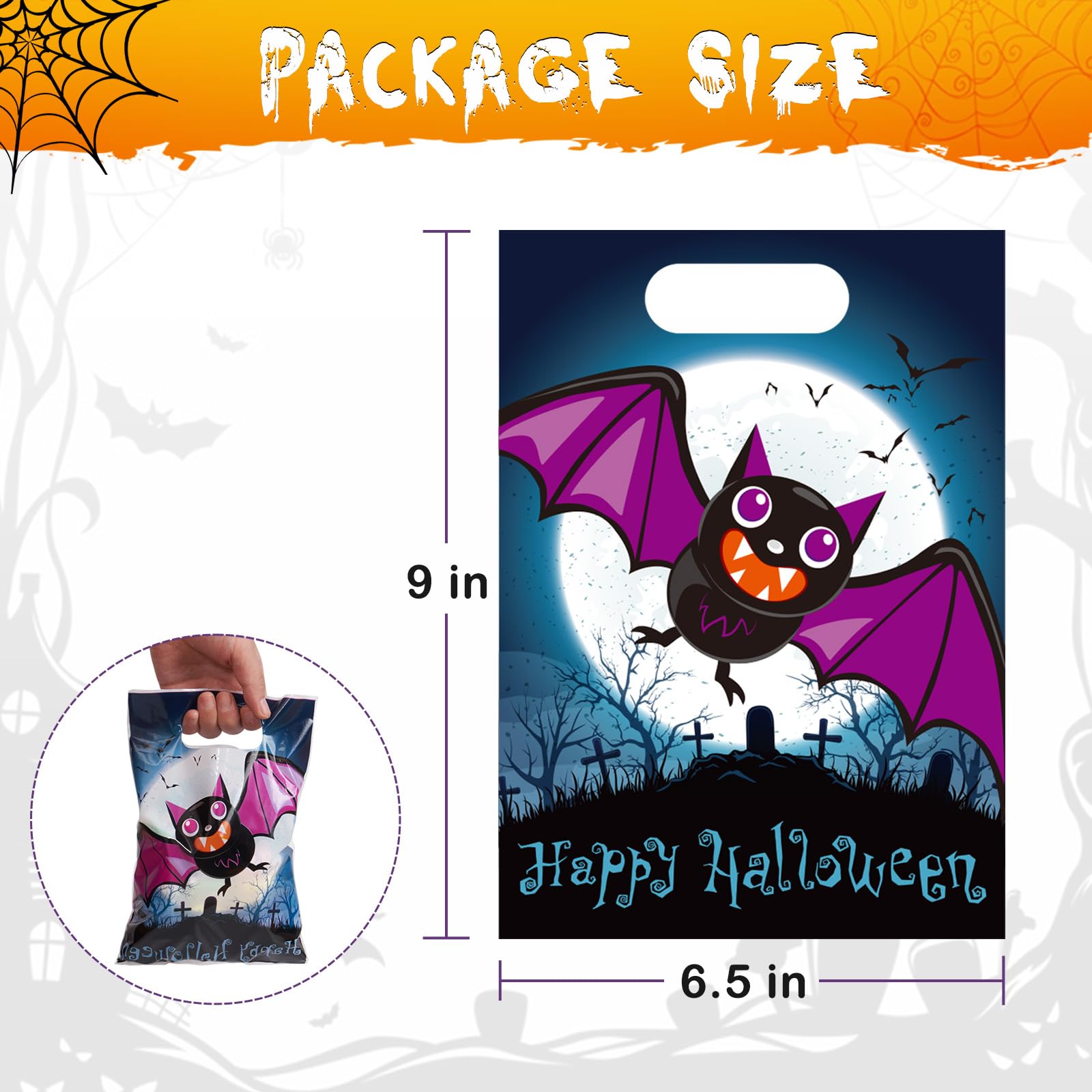 DECORLIFE 72 Pcs Halloween Treat Bags, 6 Styles Heavy Duty Halloween Bags Bulk with Handle, Loot Bags for Goody, Candy, Gift, Treat or Trick