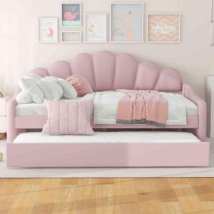 aty full size upholstery daybed with trundle and backrest, shall shaped bedframe, sofa design, for bedroom, guestroom, small space, pink