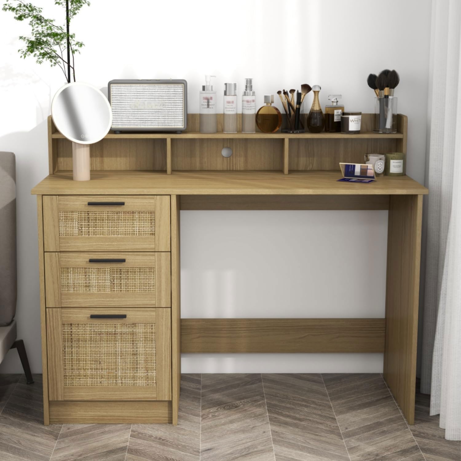 ENSTVER Computer Desk with Drawers and Hutch Shelf,Home Office Small Desk with Storage File Drawers,Boho Rattan Writing Study Table for Bedroom