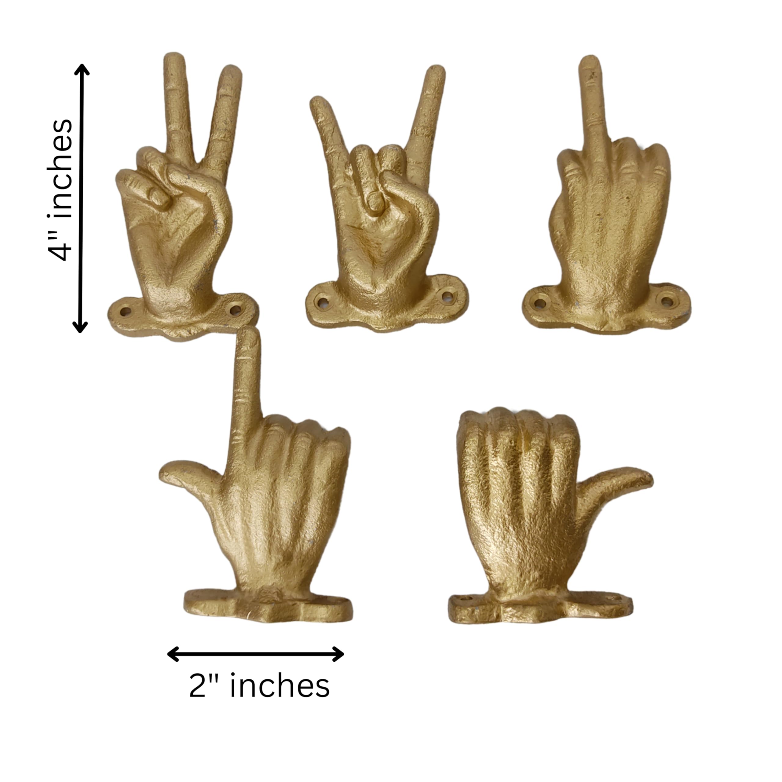 AYZCORP Set of 5 Hand Gesture Decorative Wall Hooks, 4 Inches High-Peace Sign-Rock On-Fun Finger-Thumbs up & Pointing Finger Gestures. Unique Stylish Key or Towel Hangers (Gold)