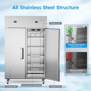 Mojgar Commercial Refrigerator and Freezer Combo,48" W Dual Temperature Zones,All Stainless Steel Design,38 Cu.ft 8 Adjustable Shelves Refrigerator and Freezer Combo for Restuarant,Shop,Garage,etc