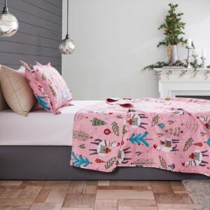 Christmas Bedspread Coverlets Twin Size Girls Quilt Set Xmas Pink Alpaca Bedding Kids Lightweight Bedspread Reversible Quilts Christmas Holiday Bed Cover Set，1 Quilt and 2 Pillow Shams