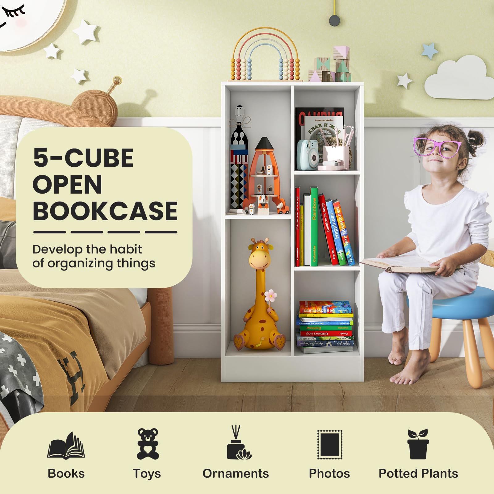 Costzon 5-Cube Kids Bookshelf, 41” Tall Wooden Toy Storage Organizer for Books Toys, Montessori Toy Shelf, 3-Tier Storage Cabinet, Bookcase for Kids Room, Playroom, Nursery, Classroom (White)